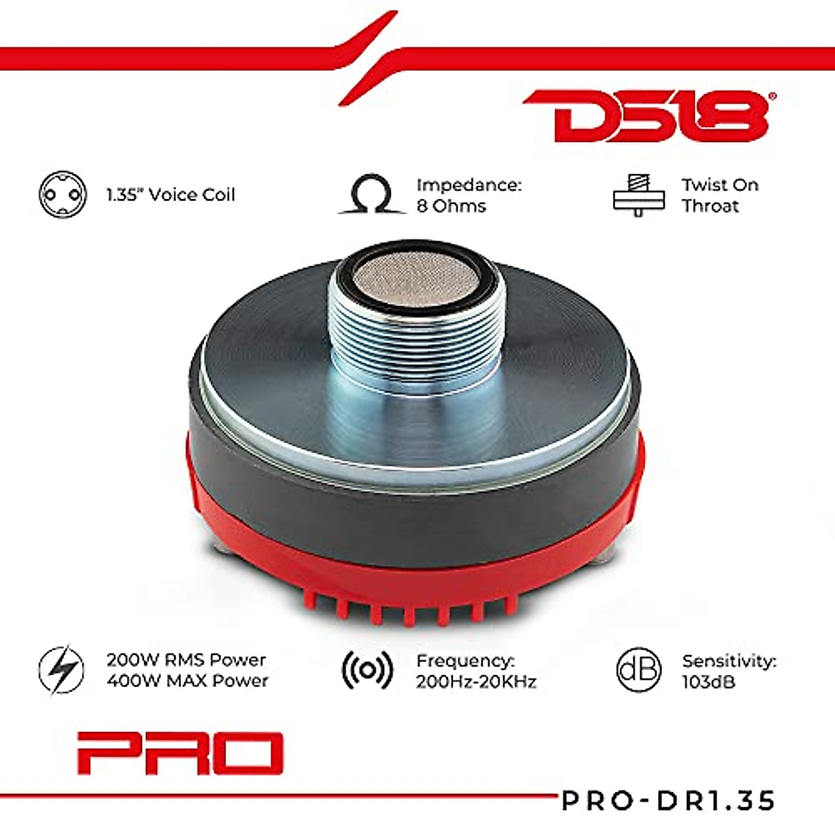 DS18 PRO-DR1.35 1.35” High Temperature Kapton Voice Coil Screw-On Tweeter Compression Driver - 400 Watts Max Power, 200 Watts RMS, 8 OHMS, Titanium Diaphragm, Set of 1