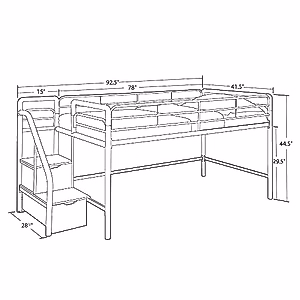 DHP Junior Twin Metal Loft Bed with Storage Steps, Multifunctional Space-Saving Solution - Black with Blue Steps
