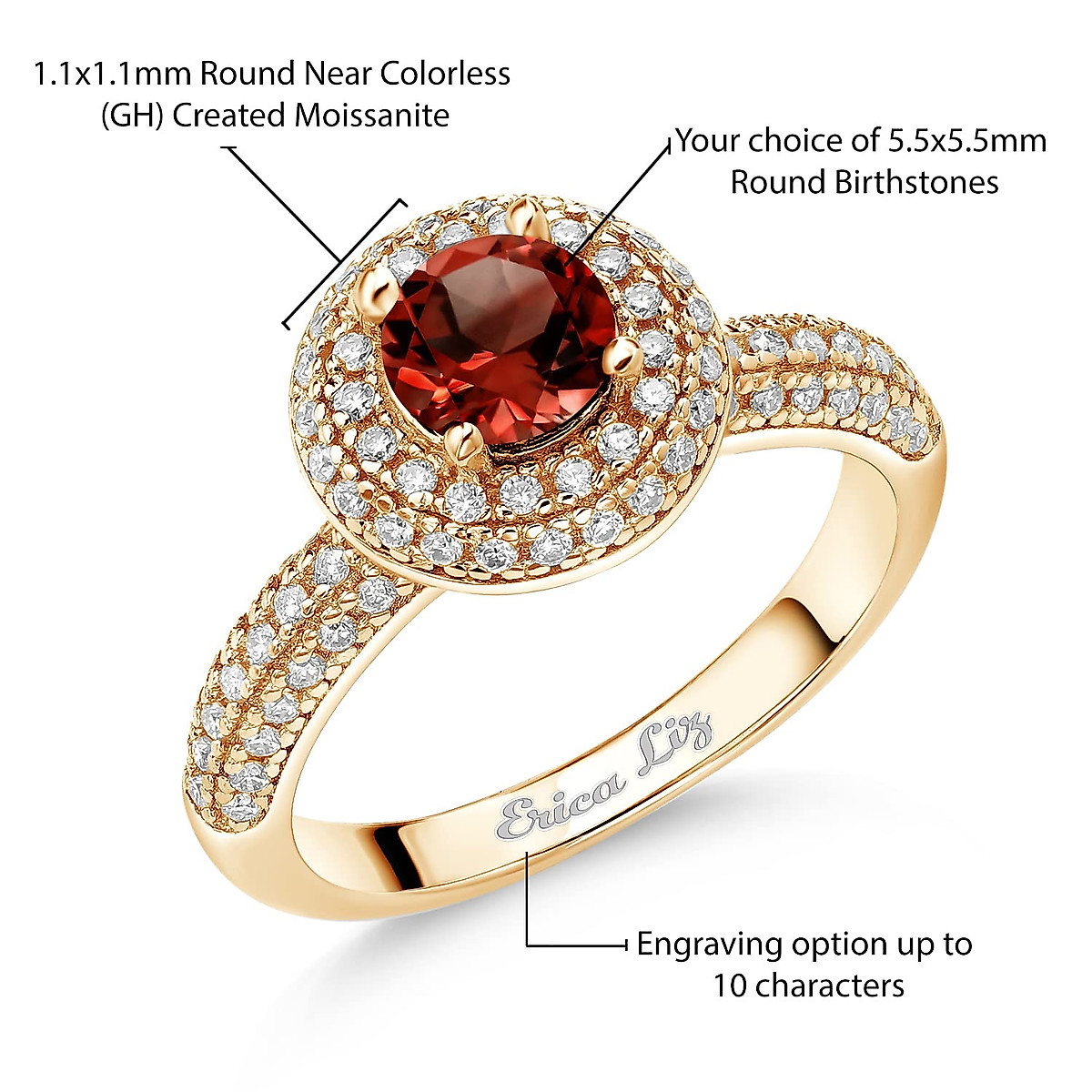 Gem Stone King 18K Yellow Gold Plated Silver Build Your Own Personalized Round Gemstone Birthstones and White Moissanite Women Engagement Ring (Size 5)