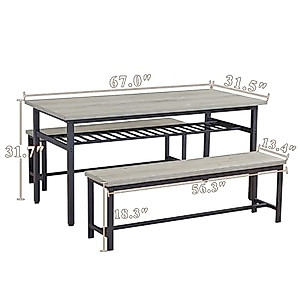 Rovibek 2 Benches Dining Table Set, Modern Space Saving Kitchen Desk, Wooden Industrial Style Farmhouse, 67", Grey