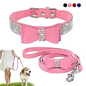 PSAVE Pet Traction Rope Rhinestone Leather Dog Cat Collar Leash Set Crystal Diamond Inlaid Cute Bow Puppy Dog Collar Leash (Color : D, Size : 2)