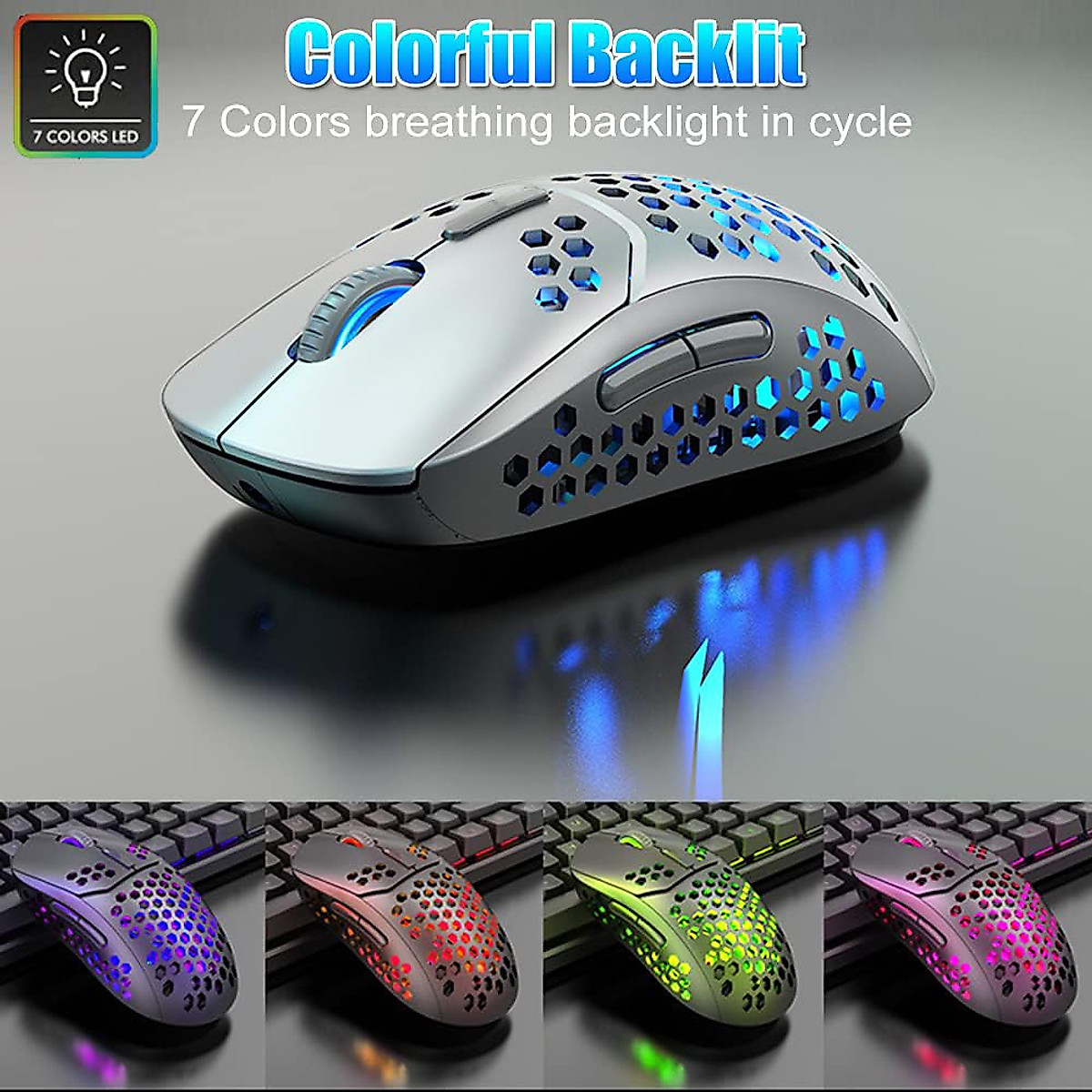 NORMIA RITA 【Dual Modes】 Honeycomb Wireless Mouse Bluetooth and 2.4GHz Two Modes Connection Computer Mouse with 7 Colors Backlight Silent Mouse 4 DPI Levels for Gaming, Working