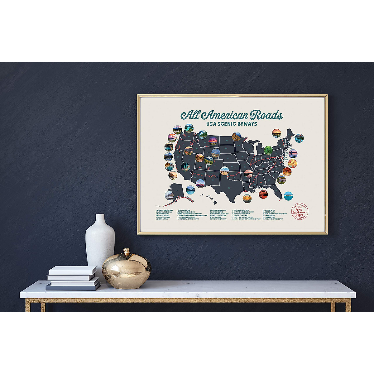 Epic Adventure Maps All American Roadtrip USA Scenic Byways Push Pin Map 24" x 17" - USA Wall Map to Mark Road Trips Through America - Multicolored Pushpins Included - Great (Beige)
