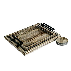 Decorative Ottoman Serving Tray Wooden Rustic (Set of 2) | Black Sleek Metal Handles | 4 Matching Coasters | Coffee Table Decor | Serving Kitchen Platter | Summit Living | For All Occasions