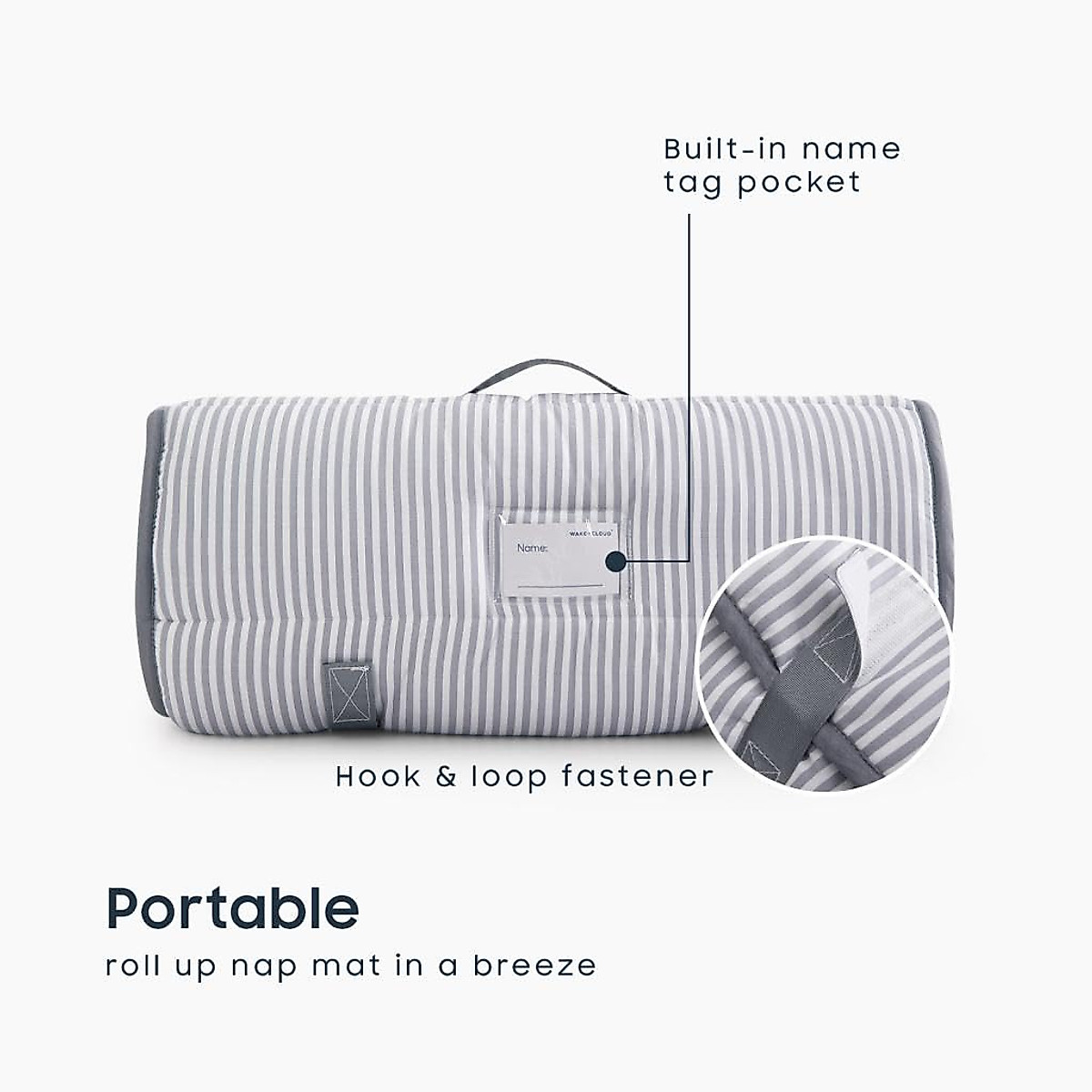 Wake In Cloud - Nap Mat with Removable Pillow for Kids Toddler Boys Girls Daycare Preschool Kindergarten Sleeping Bag, Gray Grey Stripes Printed on White, 100% Cotton with Microfiber Fill