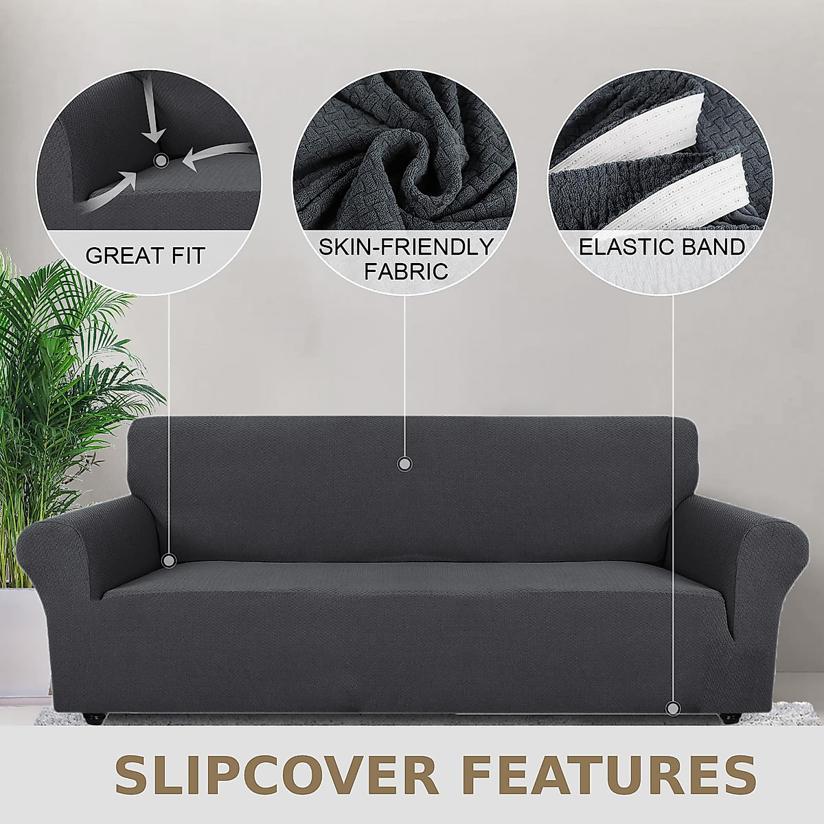 JIVINER Stretch Couch Cover Slipcovers 1 Piece Universal Couch Covers for 3 Cushion Couch Sofa (71"-91") Washable Pet Friendly 3 Seat Furniture Protector with Elastic Bottom (Sofa, Dark Gray)