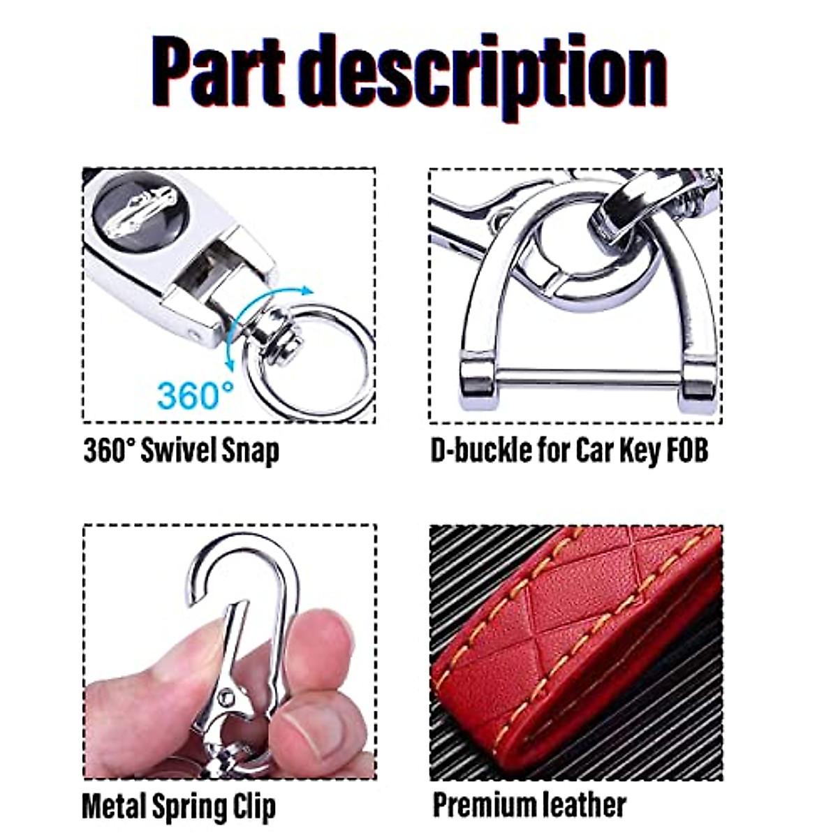 Moly Magnolia Microfiber Leather Car Keychain, Zinc Alloy Key Fob Holder, 360° Rotatable Keyring with Anti-Lost D-Ring for Women Men (Red)