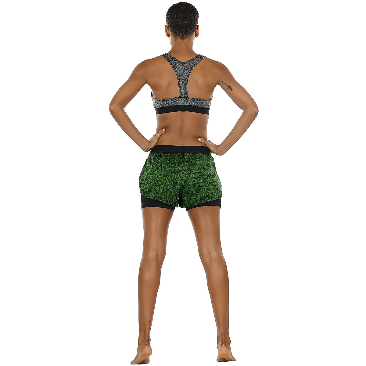 icyzone Running Yoga Shorts for Women - Activewear Workout Exercise Athletic Jogging Shorts 2-in-1 (Black Heather/Green Heather, L)