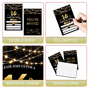 16th Birthday Invitations with Envelopes - Black Gold Glitter Fill-in Invites Cards - Surprise Birthday Party Invitation Card for Her Him - Birthday Party Favors Supplies Decorations (20 Pack)