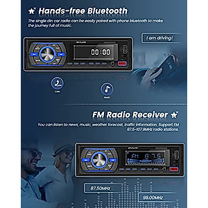 Roinvou Car Radio Bluetooth Single DIN Car Stereo Audio, MP3 Player Car Stereo 1 DIN with Bluetooth Handsfree/FM/Dual USB/TF/AUX/Fast Charging, Built-in Microphone, Multi Color LCD, Not a CD Player