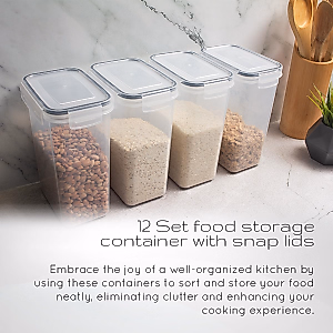 Ceybo Set of 12 Airtight Pantry Storage Containers with Snap Lids, Includes 16 Labels, 1 Marker and a Set of Measuring Spoons for Kitchen Organization (Blue)