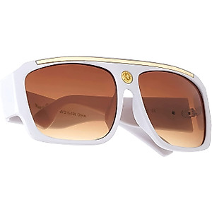 White & Gold Kleo Flat Top Hip Hop Rapper Retro Aviator Sunglasses w/ Brown Lenses