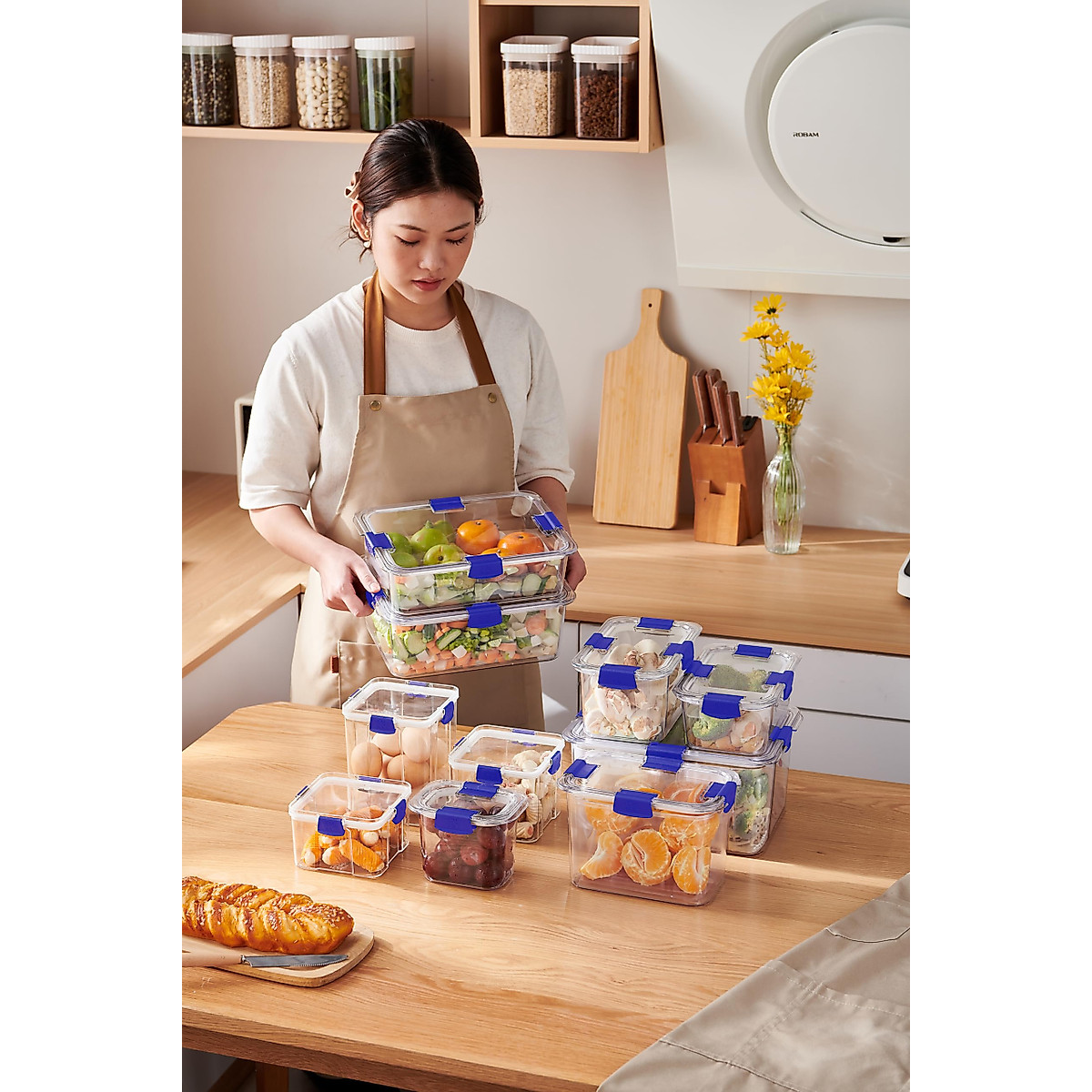 MSM Products 12 Pcs Food Storage Containers Set (6 lids & 6 containers), Leakproof Meal Prep Containers, microwave safe/dishwasher safe, 4 sides BLUE COLOR clip lock