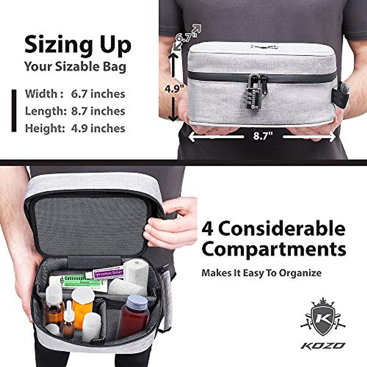 KOZO Bag with Combination Lock – Portable Bag with Tightly Locking Zippers and 7 Layers of Carbon-Woven Fabric – Durable Bag, 4.9 x 6.7 x 8.7 In.