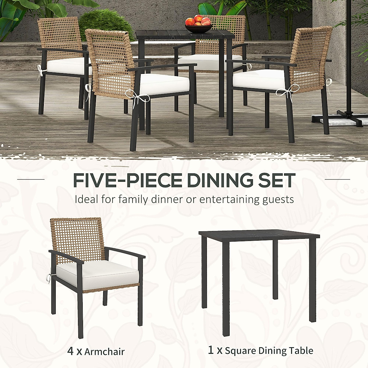 Outsunny 5 Pieces Outdoor Dining Set for 4, Wicker Rattan Patio Furniture Set, Patio Table and Chairs Set with Cushions, Square Metal Table Top, Conversation Set for Garden, Backyard, Deck, Beige