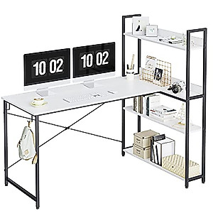 CubiCubi Computer Corner Desk with Storage Shelves, 55 Inch Reversible Small L Shaped Computer Desk, Home Office Writing Desk with 2 Hooks, White