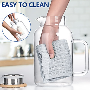 WINSA Glass Pitcher with Lid and Spout, 64oz Water Pitcher with Wide Handle, Silicone Sleeve & Bamboo Lid, Tea Pitcher for Fridge Water, Milk, Juice(Navy)