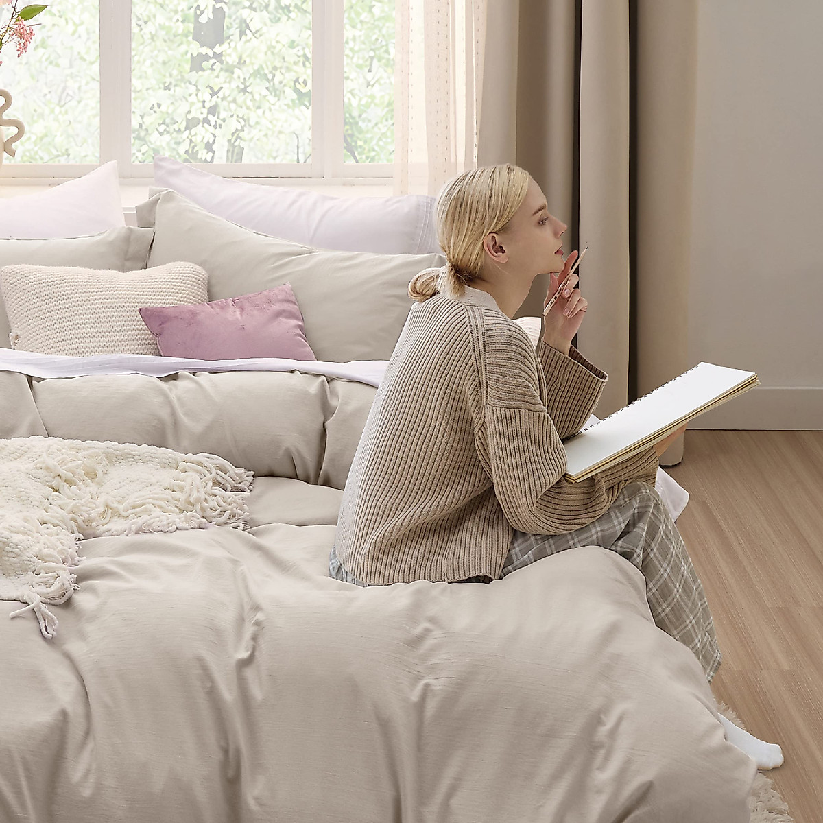 Bedsure Queen Prewashed Microfiber Duvet Cover Set + Tannish Linen 100% Jersey Knit Cotton Duvet Cover Set, Zipper Closure, Queen Size