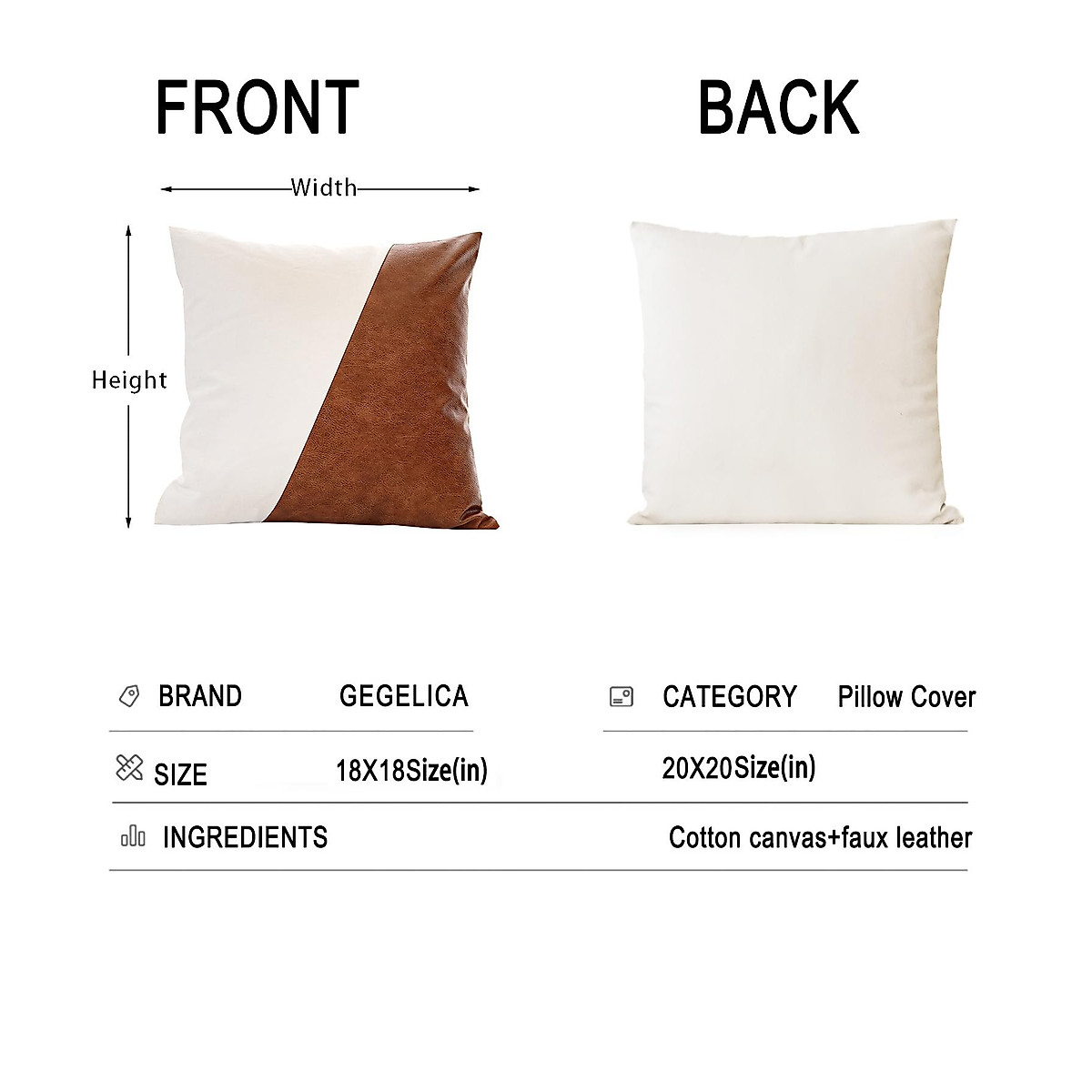 GEGELICA Faux Leather Patchwork White Linen Throw Pillow Covers Modern Minimalist Farmhouse Solid Boho Decorative Pillow Covers for Couch Living Room Bedroom Set of 2 18X18 Inch Brown and Cognac