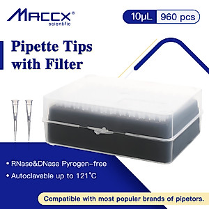 Maccx Disposable Filtering Pipette Tips, Universal Filter Pipette Tips, 960pcs of Vol. 10 μL, Molded Graduation, 96 Tips/Rack x 10 Racks, PTF010-960