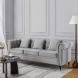 kinmars Chesterfield Sofa Velvet,3 Seater Couch Furniture,Couches for Living Room with Deep Button Tufting,Large Sofa with Rolled Arms (Grey)