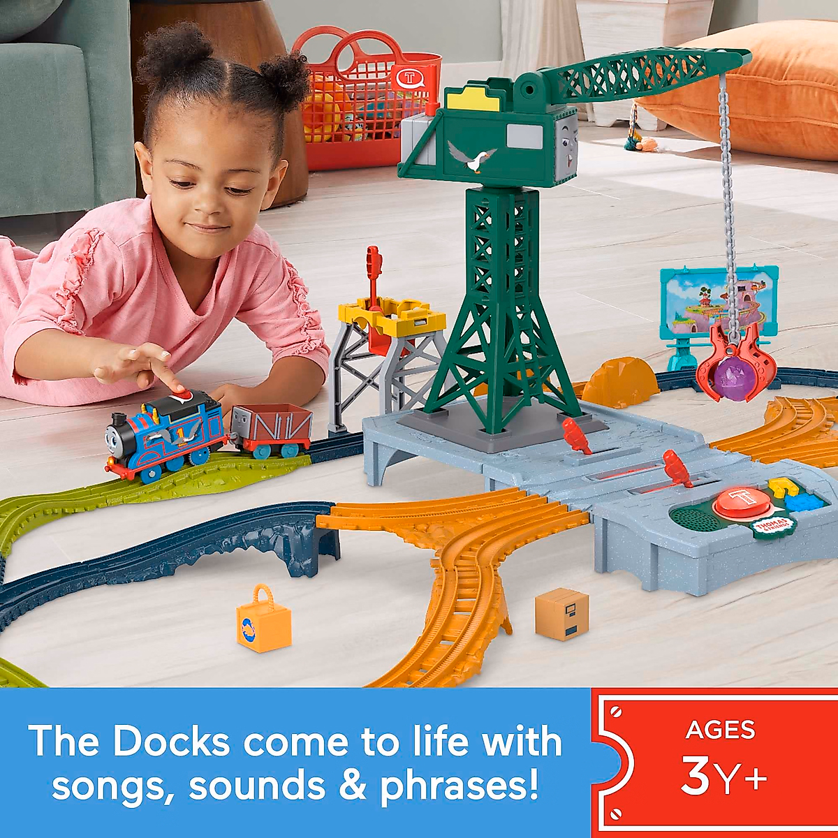 ​Thomas & Friends Motorized Toy Train Set, Talking Cranky Delivery with Track, Sounds & Phrases for Pretend Play Preschool Kids Ages 3+ Years