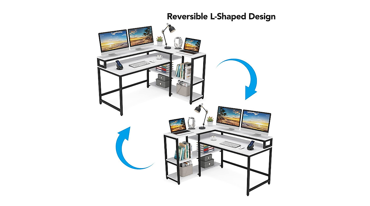 Reversible L-Shaped Computer Desk | Storage & Monitor Stand