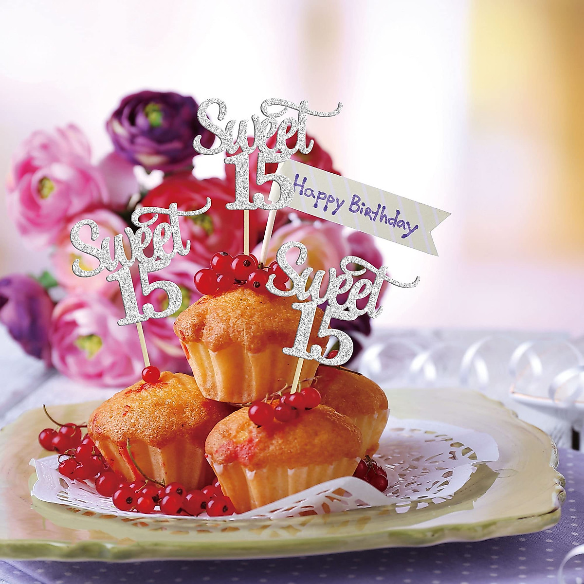 Gyufise 24Pcs Sweet 15 Cupcake Toppers Silver Glitter Fifteen 15th Birthday Cupcake Picks Age 15 15th Birthday Anniversary Party Cake Decorations Supplies