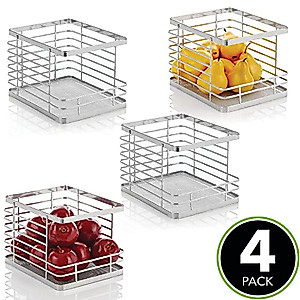 mDesign Stacking Wire Baskets Food Organizer Storage Metal Basket with Open Front for Kitchen Cabinet, Pantry, Cupboard, and Shelves - Organize Fruits, Snacks, and Vegetables - 4 Pack - Chrome