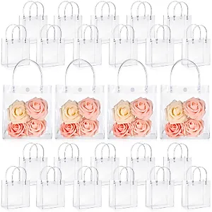 Clear PVC Gift Bags with Handles 5.9 x 6.3 x 2.8 Inch Transparent Gift Bags Plastic Reusable Gift Bag Shopping Wedding Clear Goodie Bags Clear Candy Bags Totes for School Birthday Party (50 Pcs)
