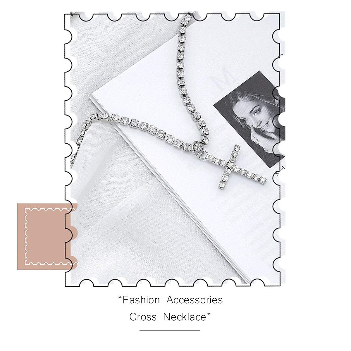 Gangel Silver Vertical Cross Tennis Necklace Glittering Chain Simple Fashion Pendant Exquisite Choker Jewelry with Rhinestone for Women (Pack of 1)