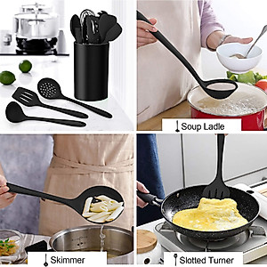 LIANYU 12-Piece Black Silicone Kitchen Cooking Utensils Set with Holder, Kitchen Tools Include Slotted Spatula Spoon Turner Ladle Tong Whisk, Dishwasher Safe