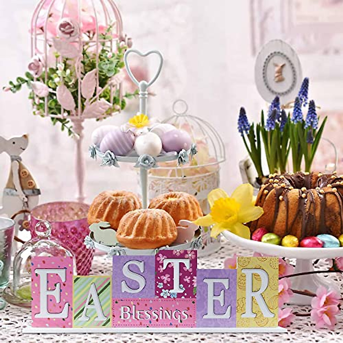 Easter Decorations, DECSPAS Double Sided Wooden Sign Valentines Easter Decor, Decorative Wood Block Set Easter Decorations for the Home, Living Room, Mantle, Dining Table, Office