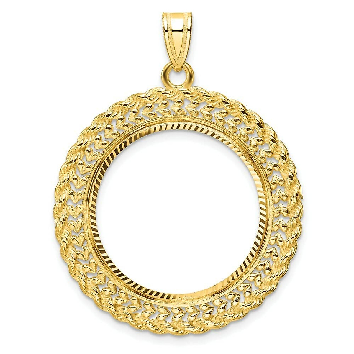 Roy Rose Jewelry Gold Coin Bezel Pendant Mounting in 14ky Diamond-Cut Heart & Rope Prong 22.0mm Coin Bezel Pendant
