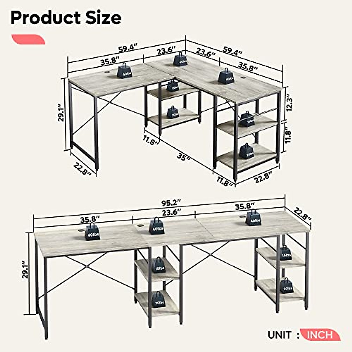 Bestier L Shaped Desk with Shelves 95.2 Inch Reversible Corner Computer Desk or 2 Person Long Table for Home Office Large Gaming Writing Storage Workstation P2 Board with 3 Cable Holes, Grey Oak