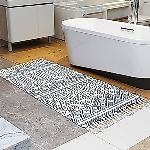 Lacomfy Boho Runner Rug Set 2PC Bathroom Rugs and Mats Black and White Moroccan Floor Mat Throw Rug for Bedroom Living Room Kitchen Laundry Room Farmhouse Decor, Cotton Bohemia Rug with Tassels