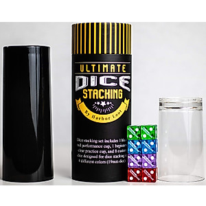 Harbor Loot Dice Stacking Set Includes 8 Large 19mm Dice, 1 Short Beginner's Stacking Cup, 1 Tall Advanced Stacking Cup, Plus Storage Tube