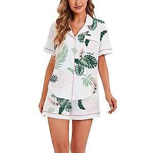 LUBOT 100% Cotton Women's Pajamas Set Short Sleeve Button-Down Shirt PJ Two-piece Set Printed Patterned Summer Night Suit Sleepwear Loungewear (Leaves, L)