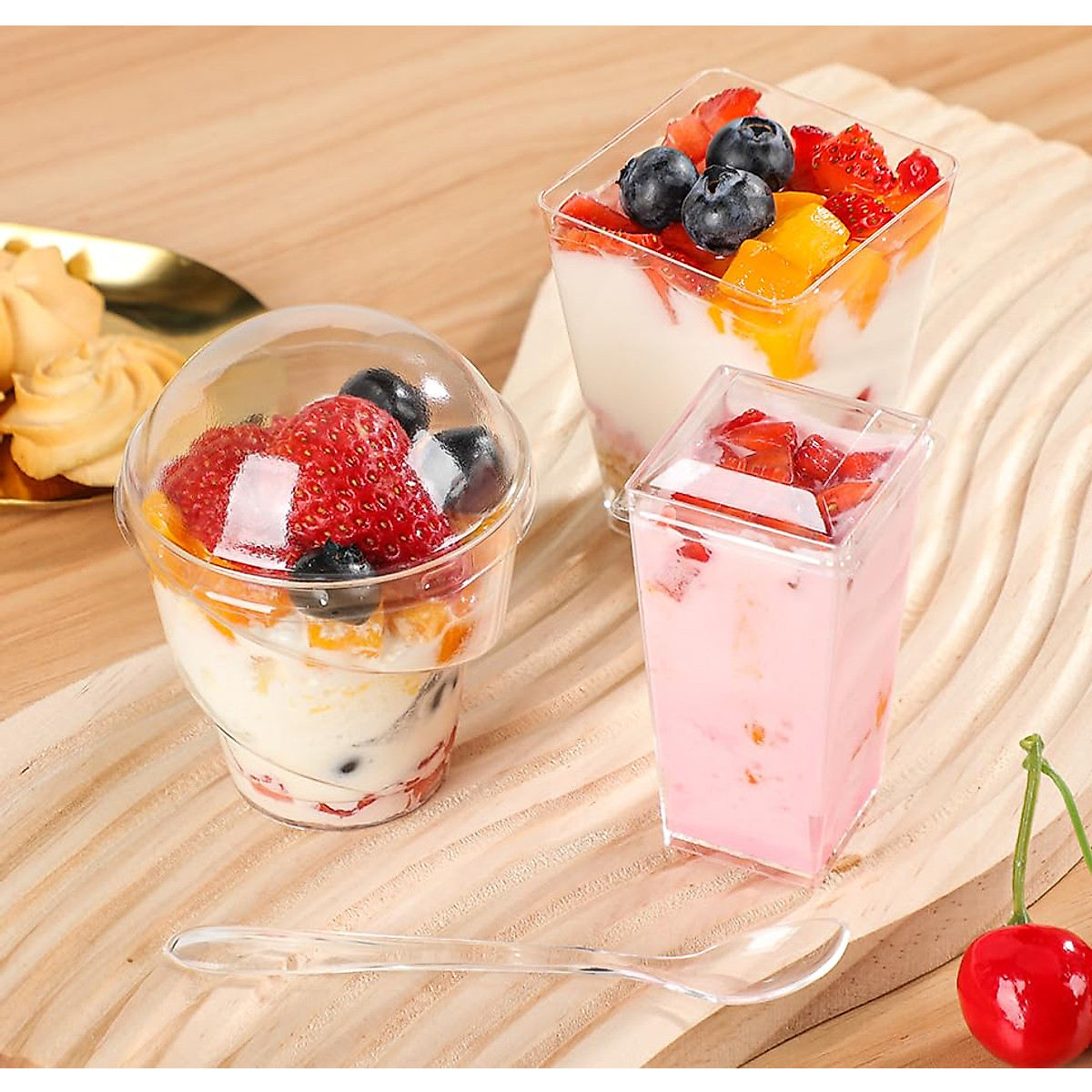 EASERCY 75 Pack 3 oz / 4.8 oz / 5 oz Plastic Dessert Cups with Lids and Spoons, Parfait Cups with Lids Appetizer Cups for Party, Mini Dessert Cups with Spoons for Pudding Fruit