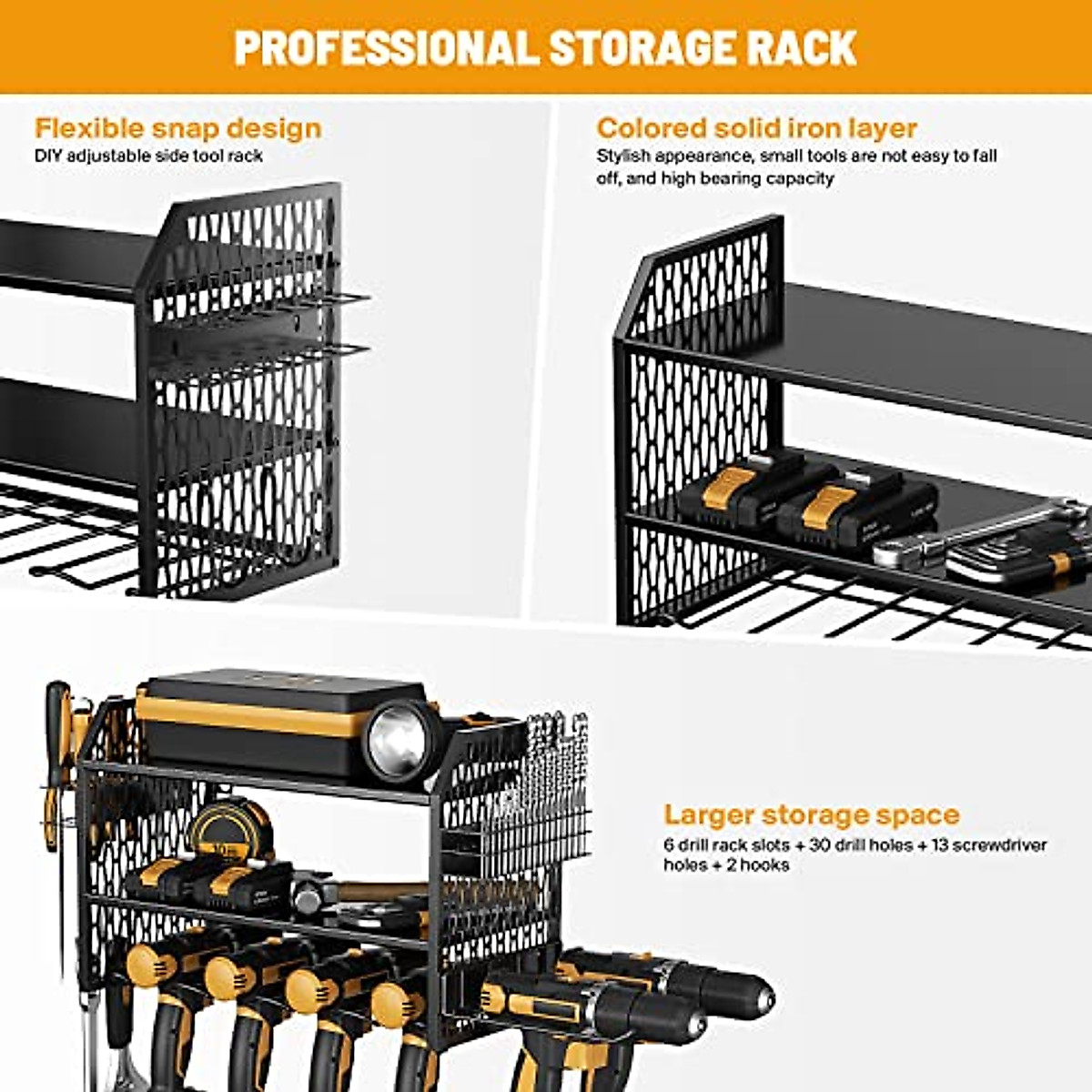 VOPEAK Power Tool Organizer, Drill Holder Wall Mount, Power Tool Storage Rack with 6 Drill Slots, Removable Design, Heavy Duty Metal, Cordless Tool Storage Rack for Garage, Workshop, Warehouse Black