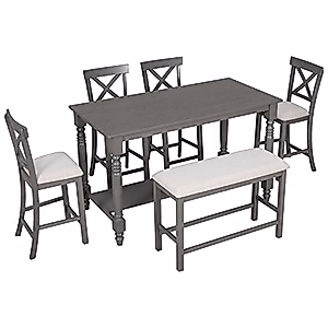 WOZNLA 6-Piece Counter Height Dining Set - Rectangular Wood Table with Shelf, 4 Upholstered Chairs, 1 Bench - Ideal for Kitchen and Family Dining