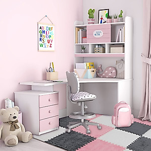 18 Pcs Plush Foam Floor Mat Square Interlocking Carpet Tiles with Border Fluffy Play Mat Floor Tiles Soft Climbing Area Rugs for Home Playroom Decor, 12 x 12 x 0.4 Inch (White, Pink, Gray)