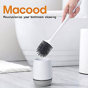 Macood Toilet Brush Holder Set for Bathroom Toilet Cleaning, Compact Toilet Bowl Cleaner Brush Set with White No-Slip Plastic Handle and Grey Silicone Bristles Scrubber, Floor Standing