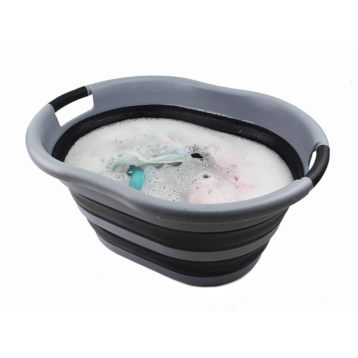 SAMMART 2 pcs Set : 36L (9.5 Gallon) Collapsible Plasic Laundry Basket & 10L (2.64 Gallon) Collapsible Bucket/Waterpot (Laundry Basket+Bucket, Black+Black)