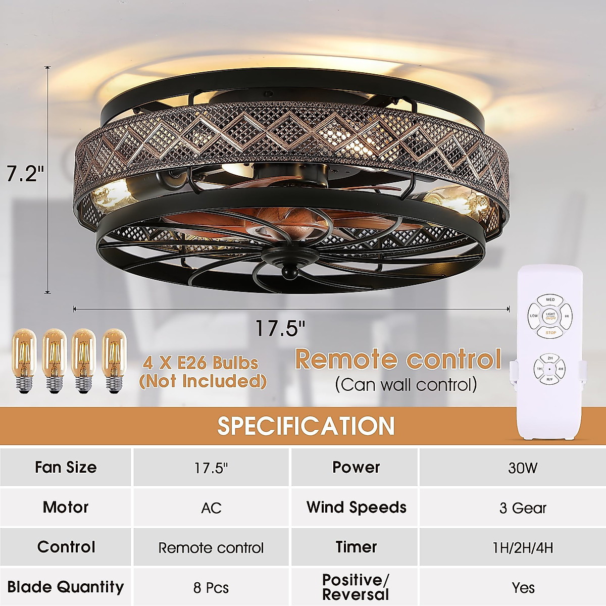 SHIHOT Low Profile Caged Ceiling Fans with Lights and Remote, Flush Mount Ceiling Fan with Light, Bedroom Fan, Small Industrial Black Ceiling Light Fixture, Reversible(Bulbs not Included)