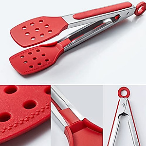 DAILY KISN 9 Inch Kitchen Tongs, Cooking Tongs with Slotted Silicone Tips and Stainless Steel Handle, Non Stick Heat Resistant Tongs for Cooking, Buffet, Salad Serving (9", Red)