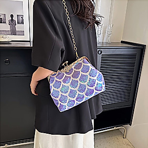 Women Mini Mermaid Scale Sequin Evening Handbag Clutch Chain Strap Cross-body Bag Kiss Lock