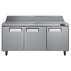 Quantum Commercial Grade Mega Top Sandwich/Salad Prep Table | Stainless Steel | 3 Doors | Insulated Lid | Cutting Board Included | (30) 1/6 Size Pans Included | 72.7” W x 34” D x 46.5” H