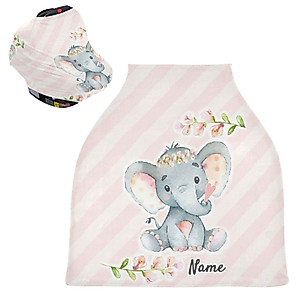 Personalized Cute Elephant Infant Baby Car Seat Cover with Name, Nursing Breastfeeding Scarf, Shopping Cart Seat Covers, Stroller Canopy, Gift for Infants Newborn Girl Boy