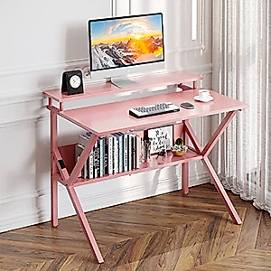 ODK Small Computer Desk, 27.5 inch Desk for Small Spaces with Storage, Compact Table with Monitor & Storage Shelves for Home Office, Modern Style Laptop Desk, Pink